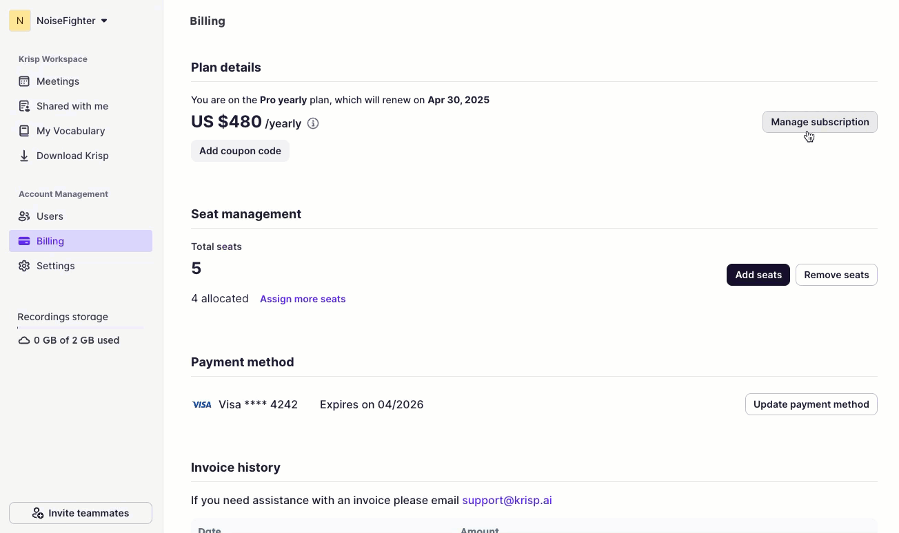 Cancel the subscription for your Krisp account – Krisp Help