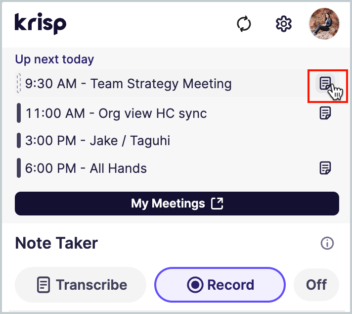 Meetings page in account dashboard – Krisp Help